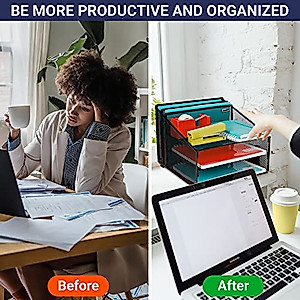 Office Desk Organizer Metal Mesh with 3 Paper Trays and 2 Vertical Upright Sections, Desktop File Holder for Letter Size A4, Folders, Stationary, and Desk Accessories