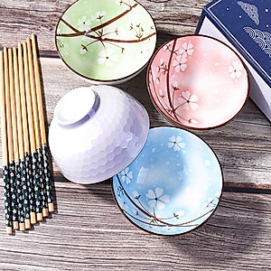 Japanese Style Ceramic Rice Bowl and Chopstick set of 4, Assorted Designs and Color with Phum Flowers Underglazed Dinnerware Ideal For Dessert Snack Cereal Soup in Gift Box