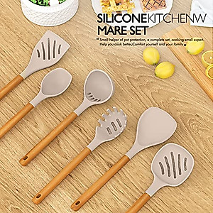Large Silicone Cooking Utensils Set - Heat Resistant Silicone Utensils for Cooking w Long Wooden Handles, Kitchen Utensil Spatula Set, Kitchen Gadgets for Non-Stick Cookware, BPA Free(Khaki)