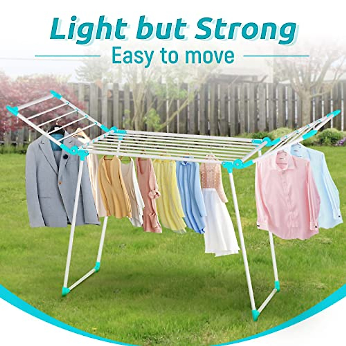 YUBELLES Clothes Drying Rack, Gullwing Laundry Rack, Collapsible, Space-Saving Laundry Rack, with Bonus Sock Clips, for Clothes, Towels, Linens, Indoor/Outdoor, Cyan