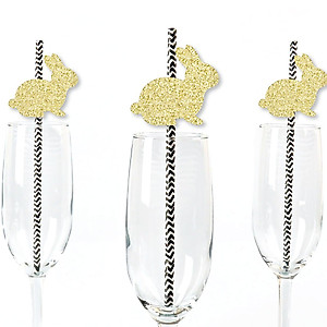 Gold Glitter Bunnies Party Straws - No-Mess Real Gold Glitter Cut-Outs & Decorative Easter Paper Straws - Set of 24