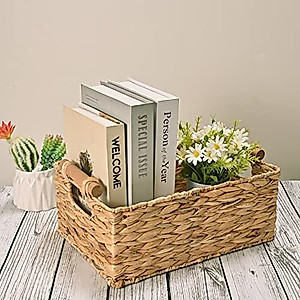 Donmills Wicker Storage Basket Rectangular with Wooden Handles for Shelves, Natural Water Hyacinth Handmade Pantry Basket Storage for Organizing, Woven Cube Storage Bin with Chalkboard Label