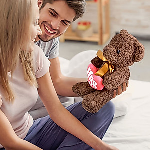FUN LITTLE TOYS 12'' Teddy Bear Stuffed Animal Plush Toy with Heart Hug Me, Small Stuffed Animals for Girls Boys Easter Teddy Bear Toy Easter Stuffed Animal for Kids Dark Brown Bear for Easter Gifts