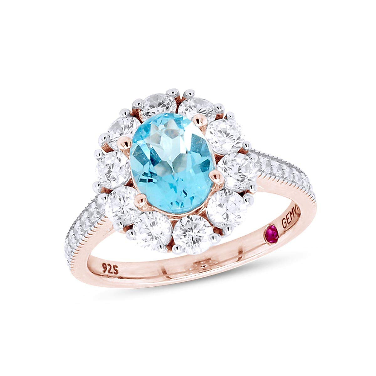 GEMVIO Collection 3 1/2 CT Cluster Halo Design, 6X8MM Oval Blue Topaz & Cubic Zirconia Ring 14k Yellow Gold Over Sterling Silver Engagement Wedding Promise Ring For Womens (3.50Cttw) Ring Size-7.5