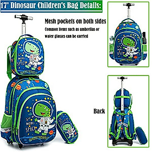 Egchescebo School Bags Kids Rolling Dinosaur Backpack for Boys Luggage Suitcase With Wheels Trolley Wheeled Backpacks for Boys Travel Bags 3PCS Cat Backpack With Lunch Box Blue