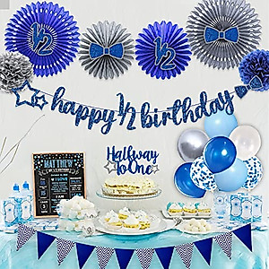Half Birthday Decorations Baby Boy, Hombae 1/2 Birthday Boy Decorations Supplies, 6 Months Birthday Decorations Boy, Blue Glitter Half Birthday Banner with Triangle Flag Banner, 1/2 Birthday Hat Crown with Blue Bow Tie, Halfway to One Cake Topper, Blue Gr