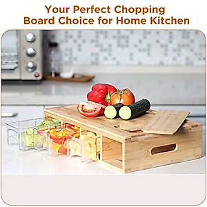 Cutting Board with Containers, Veelink Large Bamboo Wood Chopping Storage Station with 4 Trays and Lids Graters Set for Easy Food Prep and Clean Home Kitchen