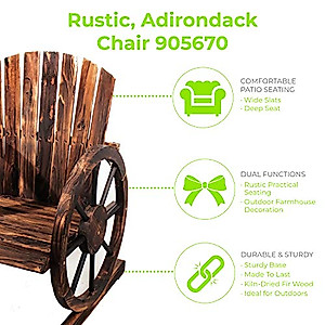 Wooden Wagon Wheel Chair Rustic Armrest Chair Outdoor Patio Furniture Wood Adirondack Chair, Slatted Seat for Garden Country Yard, Burnt-Finished - Backyard Expressions