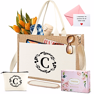 Birthday Gifts for Women Mothers Day Gifts for Mom Wife Grandma Daughter Sister Bridesmaid Initial Jute Tote Bag and Makeup Bag C