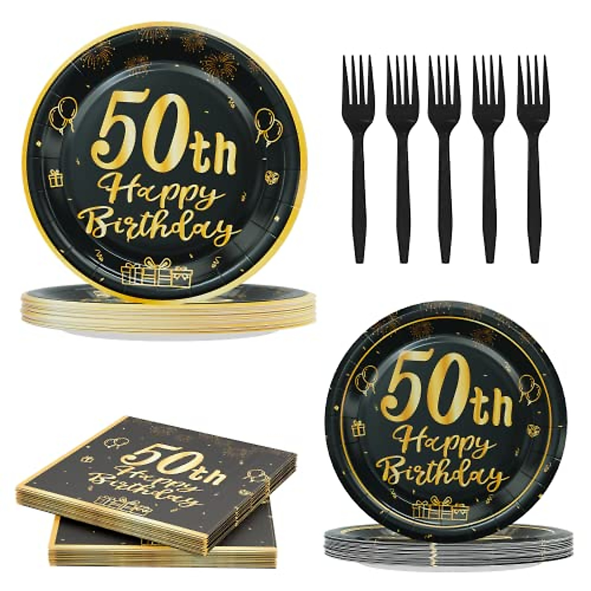 LMJUNZZ 120 PCS 50th birthday party tableware set including plates napkins forks 50th birthday decorations 1974 men's and women's 50th theme party supplies for 30 guests