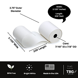 3 1/8” x 230' Thermal Paper Rolls - BPA FREE – MADE IN USA - Receipt paper rolls – Point of Sale Cash Register - Thermal printer paper - Credit Card Paper - for POS systems (1 Case - 10 Rolls)