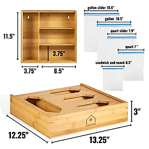 EZICOZI Durable Storage Solution with Kitchen Drawer Organizer - Durable Bamboo Material, 4 Storage Compartments, For Ziplock Gallon, Snack, Sandwich, and Quart Bags, Complete with Label Stickers