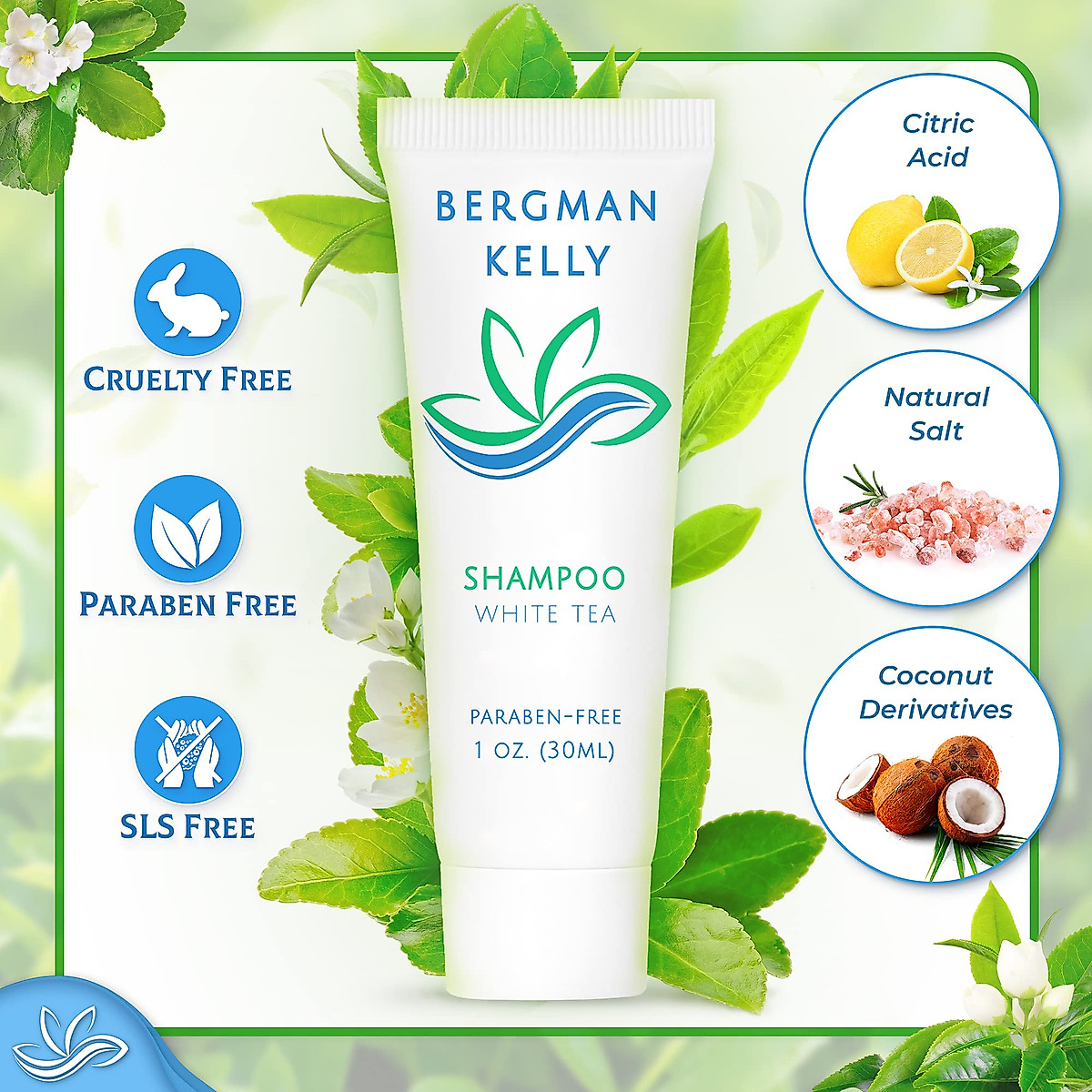 BERGMAN KELLY Travel Size Hotel Shampoo (1 fl oz, 100 PK, White Tea), Delight Your Guests with Revitalizing and Refreshing Shampoo for Guest Hospitality, Mini & Small Size Luxury Shampoo in Bulk