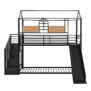 Twin Over Twin Low Bunk Bed with Slide and Stairs House Bunk Bed Metal Frame with Storage Shelves for Kids Boys Girls Teens, Black