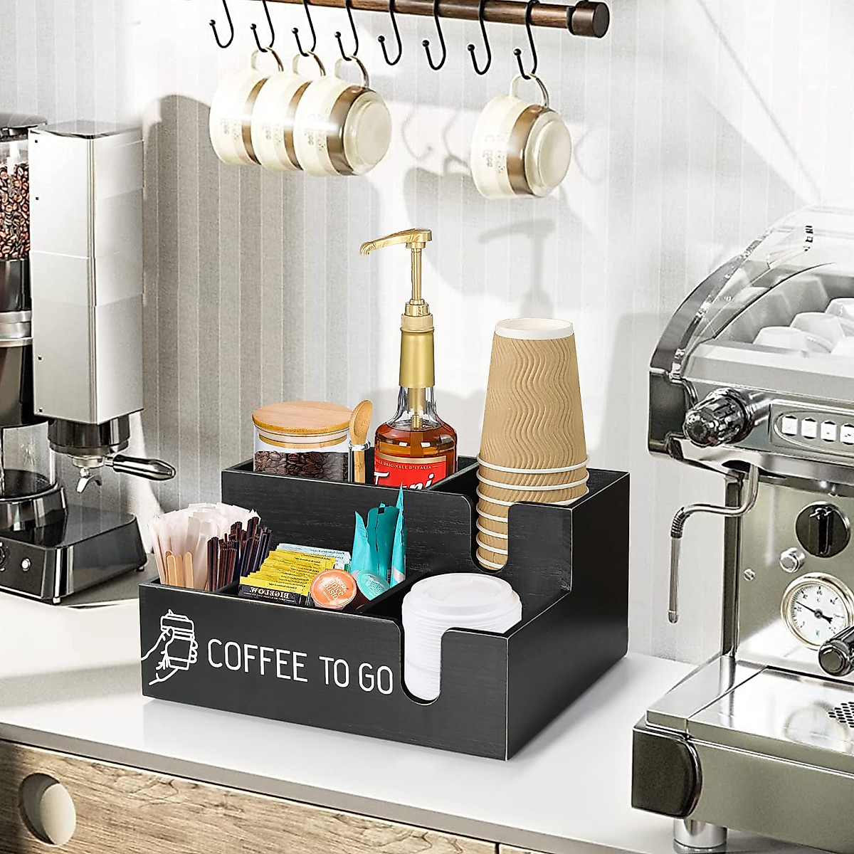 ugiftt Coffee Bar Organizer Countertop Coffee Station Organizer, Wood Coffee Cup Dispenser Lid Holder for Counter, Disposable Cup Holder Wall Mount, Farmhouse Coffee Bar Accessories and Organizer