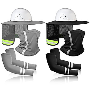 8 Pcs Hard Hat Full Brim Sun Shade Mesh Neck Sun Block Protection Neck Gaiter Bandana Face Scarf with UV Strap Arm Sleeves(Black,Gray)