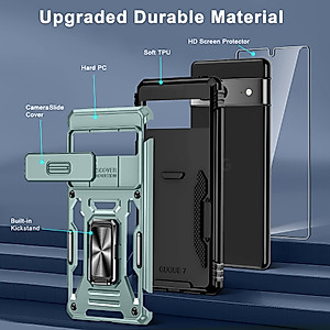 for Pixel 7 Case,Google Pixel 7 Case with Slide Camera Cover+Screen Protector,[Camera Protection] [Magnetic Rotate Kickstand] Military Grade Shockproof Heavy Duty Protective Cover-Alpine Green