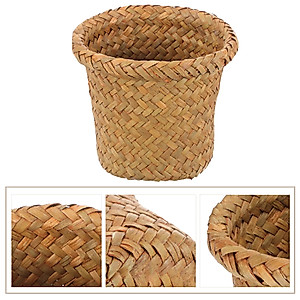 Operitacx Wicker Trash Basket Natural Woven Trash Bin Seagrass Waste Basket Round Trash Baskets Garbage Bin Basket Organizer Bedroom Offices Decoration Office Accessories