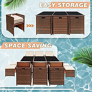 Homall 11 Pieces Patio Dining Sets Outdoor Furniture Patio Wicker Rattan Chairs and Tempered Glass Table Sectional Set Conversation Set Cushioned with Ottoman (Brown)