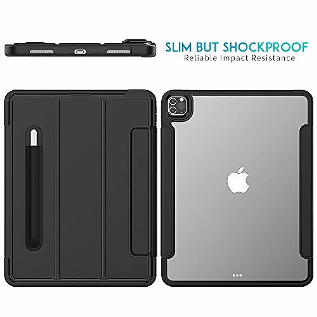 OKUT Smart Case for iPad Pro 12.9" 2020 & 2018,Heavy Duty Protective Cover with Pencil Holder/Tri-Fold Stand/Auto Sleep-Wake/Protector -Black……