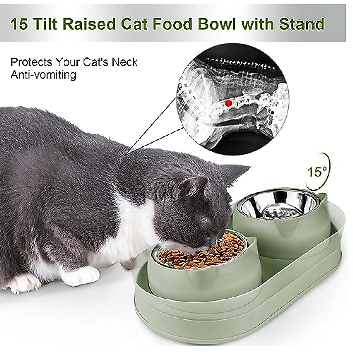 KEVIDEAWL Elevated Cat Food Bowls, Raised Cat Bowl with Stand Stainless Steel, Tilted Cat Bowls Anti Vomiting, Double Cat Food and Water Bowl Set for Cats (Green)