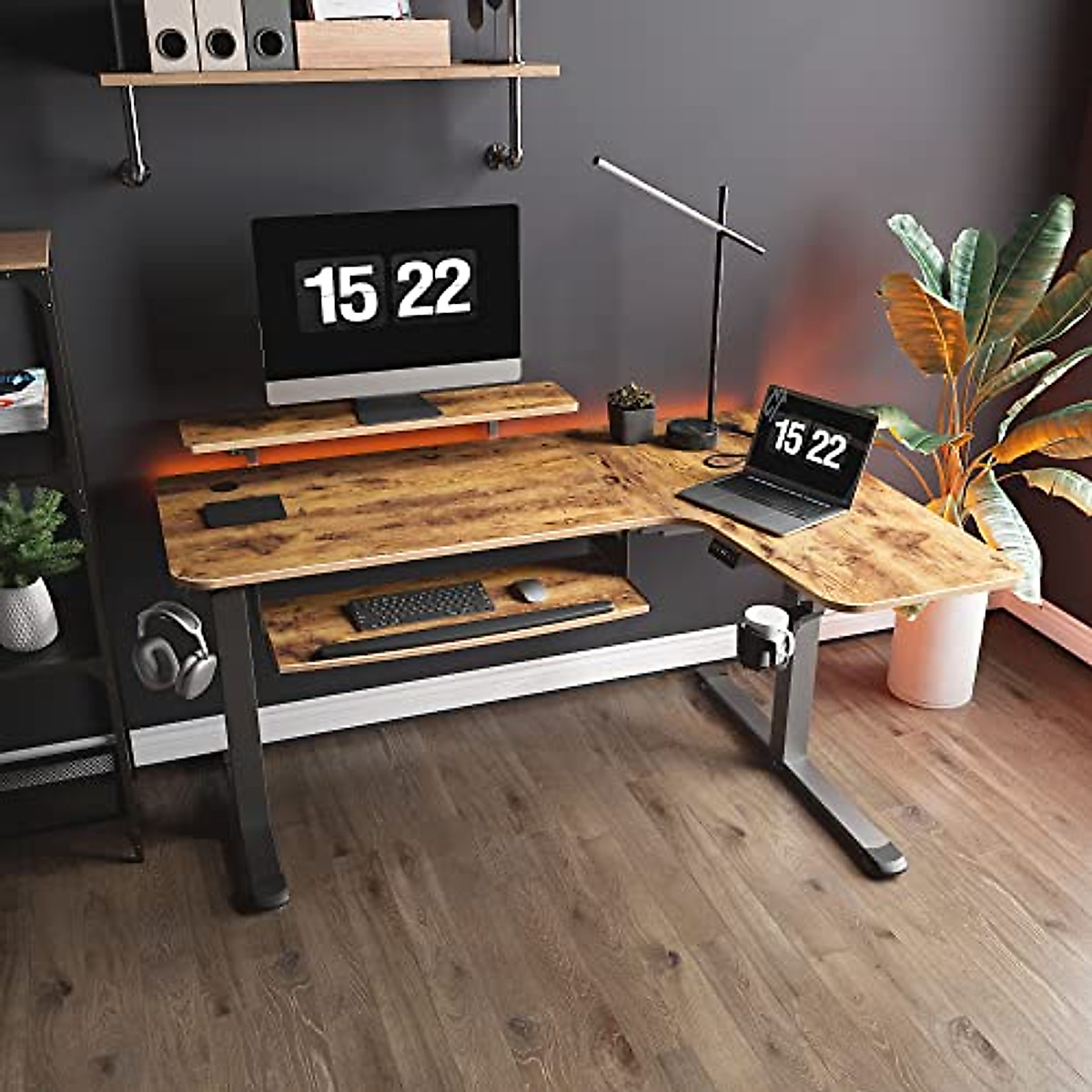 EUREKA ERGONOMIC L Shaped Standing Desk with Keyboard Tray, 61" Electric Height Adjustable Gaming Computer Desk with Monitor Stand & LED Strips, Dual Motor Sit Stand Up Corner Desk, Right/Rustic Brown