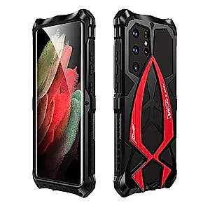 KumWum Armor Phone Case for Samsung Galaxy S21 Ultra Military Grade Drop Protection Cover S21Ultra 5G Heavy Duty Hybrid Metal Bumper Built-in Silicone Shockproof Dustproof - Black + Red