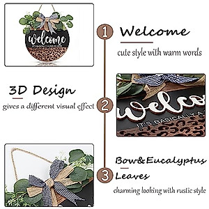FWIEXA 3D Welcome Door Sign Wreath Wall Decor, It's Basically A Zoo in Here Round Wood Hanging Sign (11.4”x11.4”), Funny Hollow Leopard Pattern Decoration for Yard Garden Farmhouse Outdoor