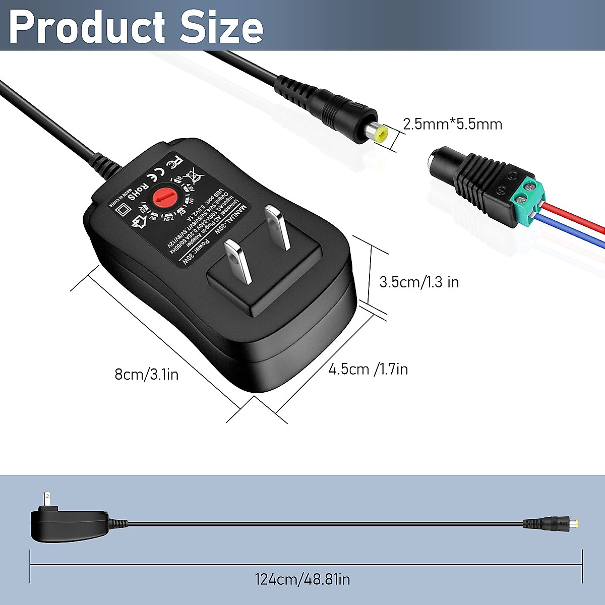 Universal AC Adapter, 30W Universal 3V 4.5V 5V 6V 7.5V 9V 12V AC/DC Adapter Switching Power Supply with 8 Selectable Adapter Head, for 3V to 12V Household Electronics - 2500mA Max