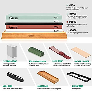 Knife Sharpening Stone Set, G-TING 400/1000 and 3000/8000 Grit Whetstone Knife Sharpener Kit with Leather Razor Strop, Leather Honing Strop, Polishing Compound, Bamboo Base and Flattening Stone