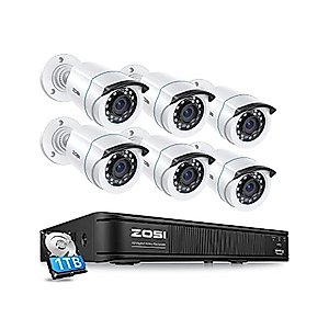 ZOSI 1080p Home Security Camera System Outdoor Indoor, H.265+ 5MP Lite CCTV DVR Recorder 8 Channel with Hard Drive 1TB and 6 x 1080p Weatherproof Surveillance Bullet Camera, 80ft Night Vision