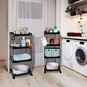 OHAHALICO 2 Pack 4 Tier Storage Cart, Bathroom Rolling Utility Cart Storage Organizer Slide Out Cart, Mobile Shelving Unit Organizer Trolley for Office Bathroom Kitchen Laundry Room, Black