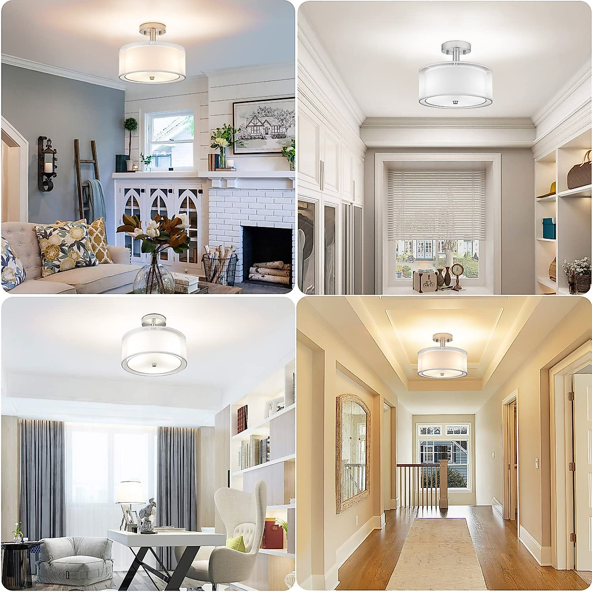 FOLKSMATE 3-Light Semi Flush Mount Ceiling Light Fixture, Drum Light with Double Fabric Shade, Modern Close to Ceiling Lamps for Dining Room Kitchen