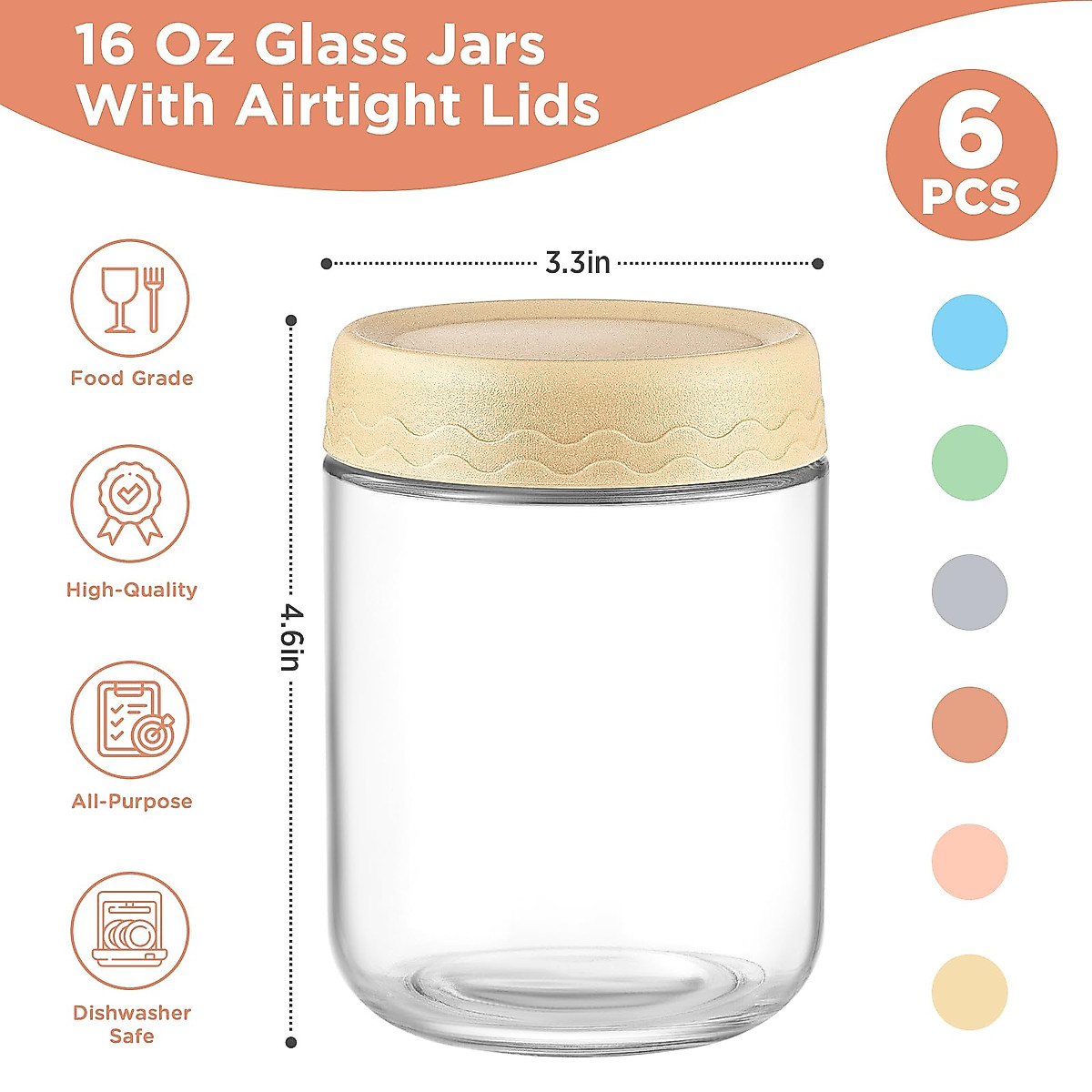 DRKIO 16 Oz Overnight Oats Containers with Lids - 6 Pack Glass Storage Jars with Airtight Lids Wide Mouth Mason Food Jars Great for Meal Prep Salad Chia Pudding Snacks Yogurt Sugar Spice Cereal