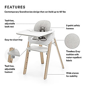 Stokke Steps Complete - Natural Legs, White Seat & Grey Cushion - 5-in-1 Seat System - Includes Baby Set, Tray & Cushion - for Babies 6-36 Months - Chair Holds Up to 187 lbs - Tool Free & Adjustable