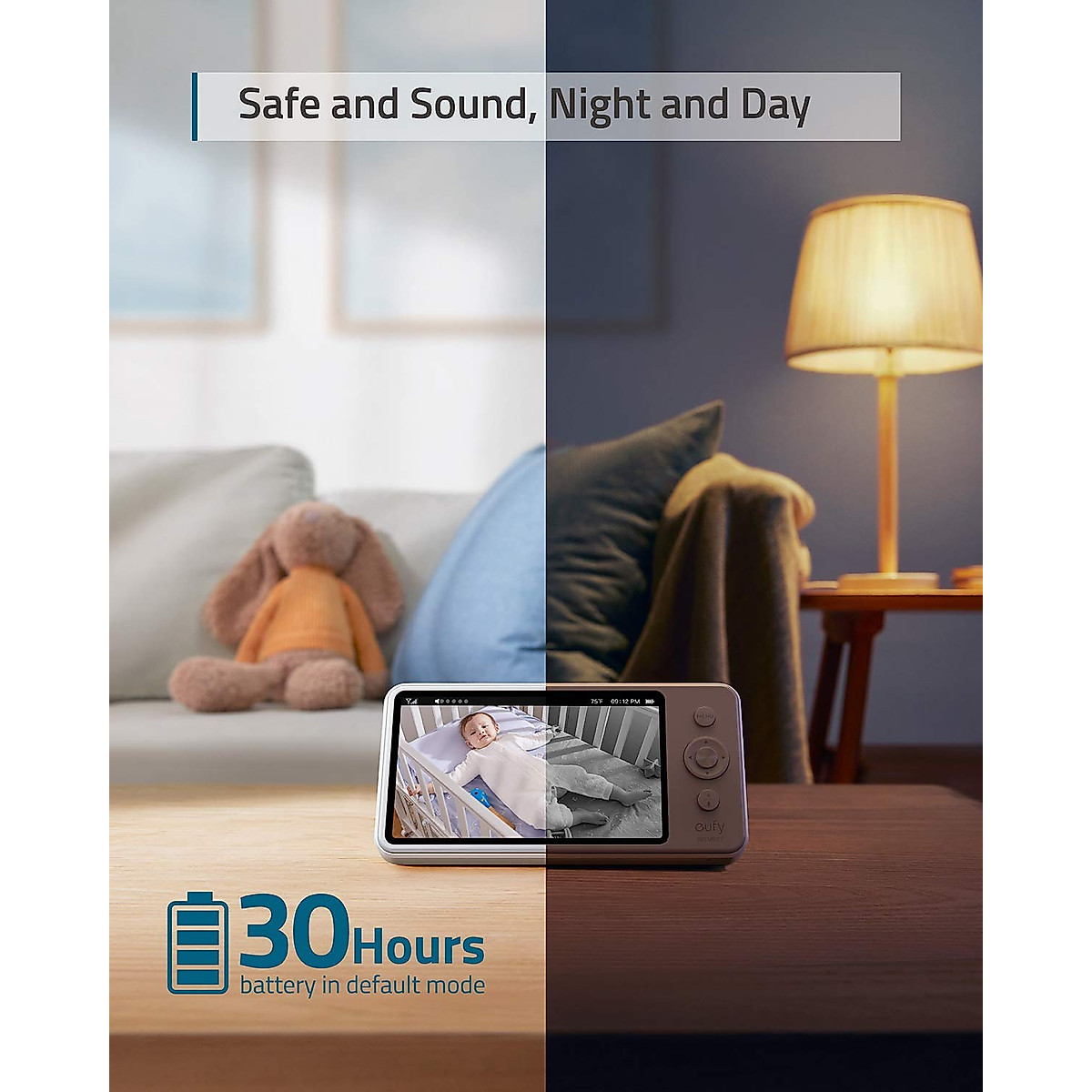 eufy Security Video and Audio Baby Monitor, 720p Resolution, Large 5” Display, 5,200 mAh Battery, 2-Way Audio, Night Vision, Lullaby Player, 1000 ft Range, Manual Pan & Tilt (Renewed)