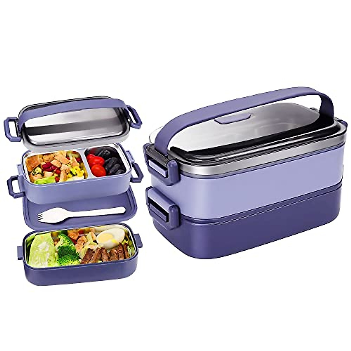 JUBOSYCZ Stainless Steel Bento Box for Adults&Kids,Japanese Leakproof Lunch Box Divided Food Meal Storage Containers Set Stackable 2 Layer for Children School Picnic Blue