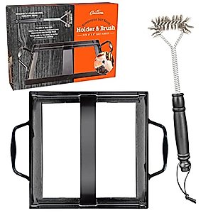 Himalayan Salt Block Holder & Stainless Steel Wire Cleaning Brush- Heat Resistant & Durable w/ Easy-Grip Handles for Safety - Fits any 8"x8" Salt Slab - Use for Indoor Cooking & Outdoor BBQ Grilling