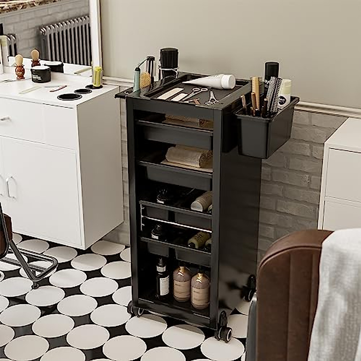 Paddie Salon Rolling Cart for Hair Stylist, 4 Organized Drawers, 2 Storage Baskets, Hairdryer & Tools Holder, Flexible Combination