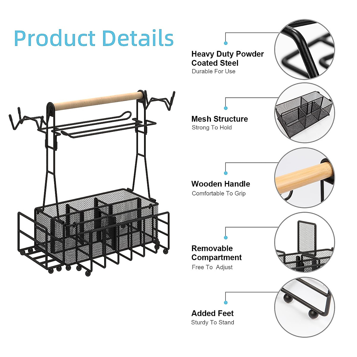Grill Caddy,Portable Picnic Condiment Utensil Caddy with Paper Towel and Plate Holder,Griddle Accessories Storage for Outdoor Kitchen,Patio Barbecue,Camping Trip,RV Cooking,Tailgating Party- Black