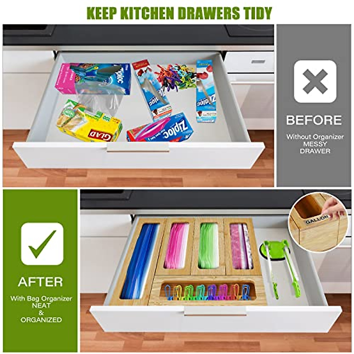 GIAKAN Ziplock Bag Storage Organizer for Drawer, 5 Pack Bamboo Food Baggy Storage Organizer Individual & Baggy Rack Holder for Gallon, Quart, Sandwich, Snack Bags