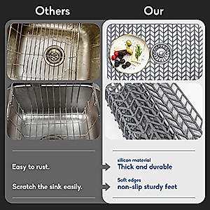 CNDSE Sink Protectors for Kitchen Sink 26'' x 14'', Non-slip Silicone Sink Mats for Bottom of Kitchen Sink,Grey Kitchen Sink Mats for Farmhouse Stainless Steel Ceramic Sink,Center Hole Sink Mat(2)