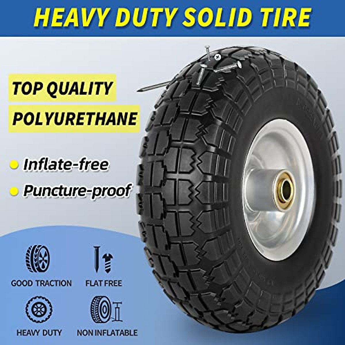 GICOOL 4.10/3.50-4" Flat Free Tire and Wheel, 10" Heavy Duty Solid Tire, 5/8" Axle Bore Hole, 2.2" Offset Hub, for Hand Truck Gorilla Cart Garden Wagon Trolley Dolly Replacement Tire, 2 Pack