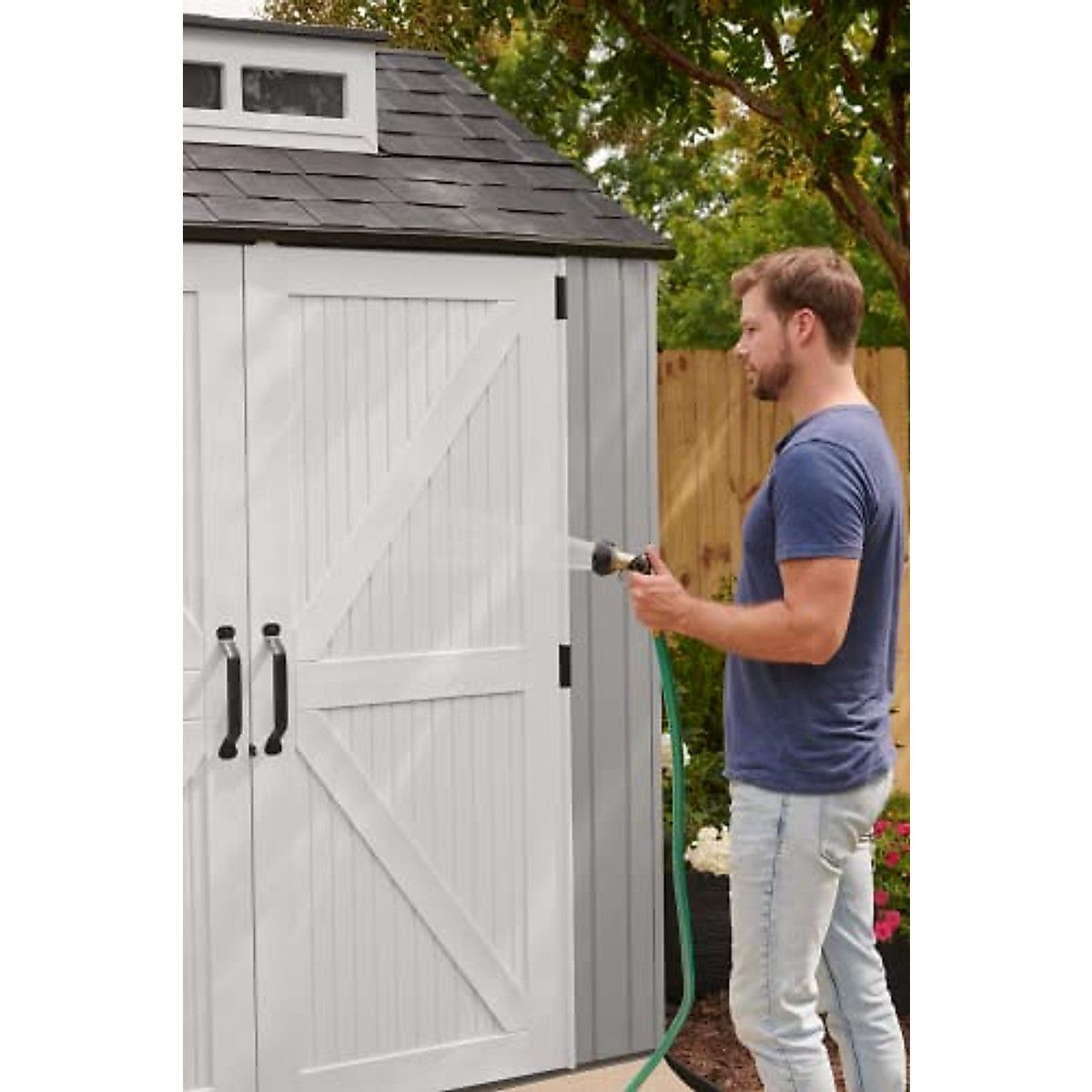 Rubbermaid Resin Weather Resistant Outdoor Storage Shed, 7 x 7 ft., Simple Gray/Onyx, for Garden/Backyard/Home/Pool