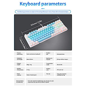 BLUEXIAO K100 Mechanical Gaming Keyboard, USB Wired Green Axis Ergonomic Mechanical Feeling Keyboard with Blue Switches for Desktop, Computer, PC (87 Keys,BlueWhite)