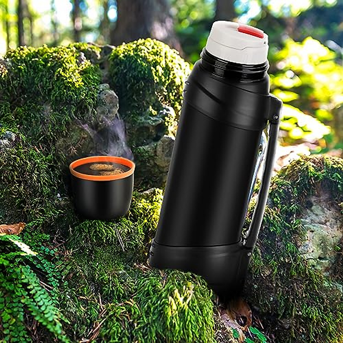 Beyoung 2000ML Large Coffee Thermoses for Cold & Hot, Portable 304 Stainless Steel Classic Vacuum Bottle with Plastic Cup and Hidden Strap for Sports Hiking Fishing (Black)