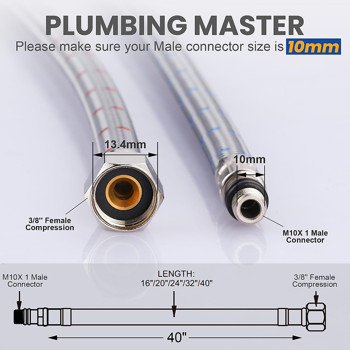 ARCORA 40" Bathroom Faucet Hose, Braided Nylon cUPC Supply Lines 3/8" Female Comp × M10 Male (1 Pair)