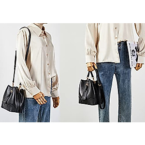 DORIS&JACKY Leather Drawstring Shoulder Bag Small 2 Way Bucket Crossbody Purse For Women (1-Black)