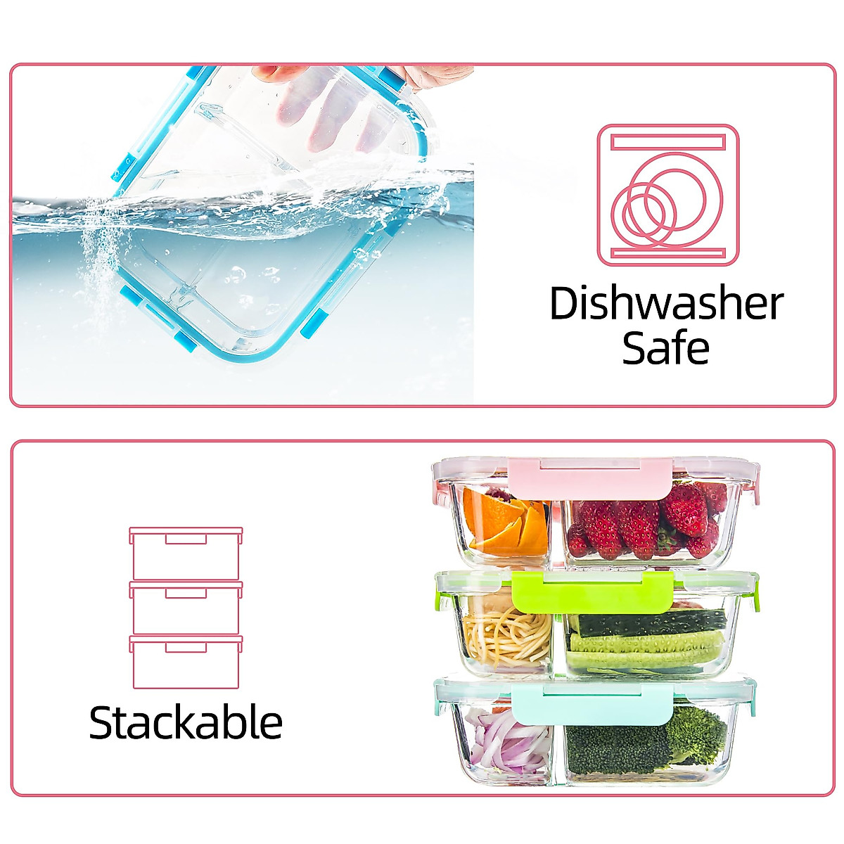 Glass Food Storage Containers 3 Compartment with Lids (5 Pack, 34oz), Divided Glass Meal Prep Containers for Lunch at Work, Leak-Proof Portion Control Food Containers, Microwave/Dishwasher Safe