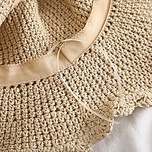 Summer Beach Sun Straw Hats for Women Ladies Wide Brim Lace Bow Floppy Packable Travel Bucket Hats UPF 50+ Crushable UV Fishing Cap Foldable Sun Protection Hat Beige